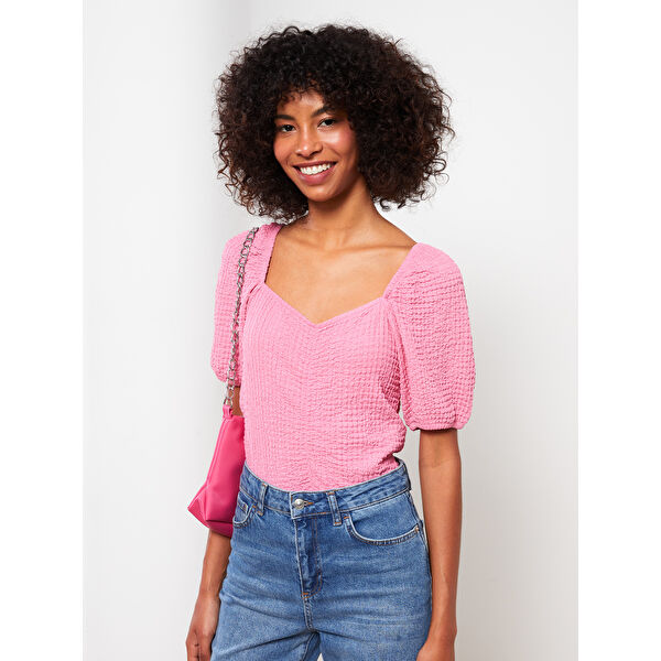 LCW VISION Kalp Yaka Düz Kısa Kollu Bürümcük Kadın Bluz