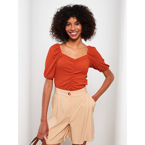 LCW VISION Kalp Yaka Düz Kısa Kollu Bürümcük Kadın Bluz