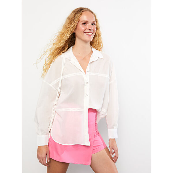 Önden Düğme Kapamalı Düz Uzun Kollu Poplin Kadın Gömlek