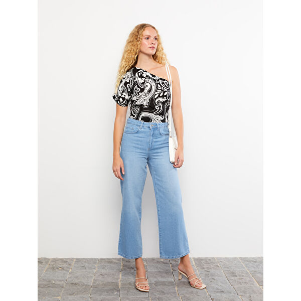 Tek Omuz Desenli Kısa Kollu Poplin Kadın Bluz