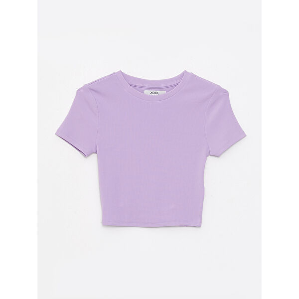 Bisiklet Yaka Düz Kısa Kollu Kadın Crop Tişört