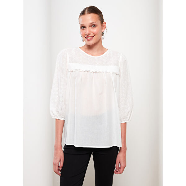 Bisiklet Yaka Nakışlı Pamuklu Kadın Bluz