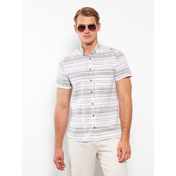 Slim Fit Kısa Kollu Çizgili Poplin Erkek Gömlek