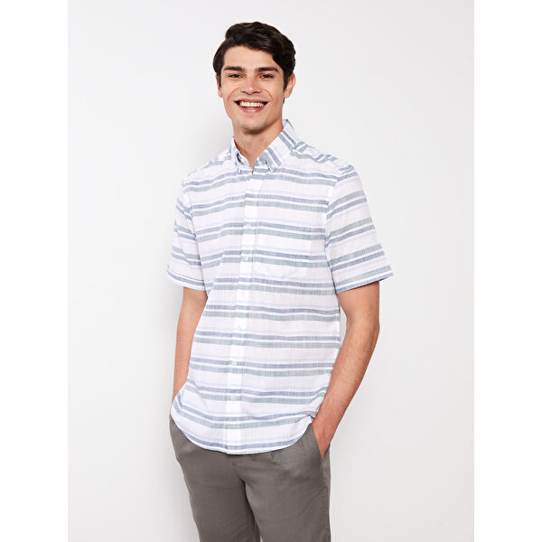 Regular Fit Kısa Kollu Çizgili Poplin Erkek Gömlek