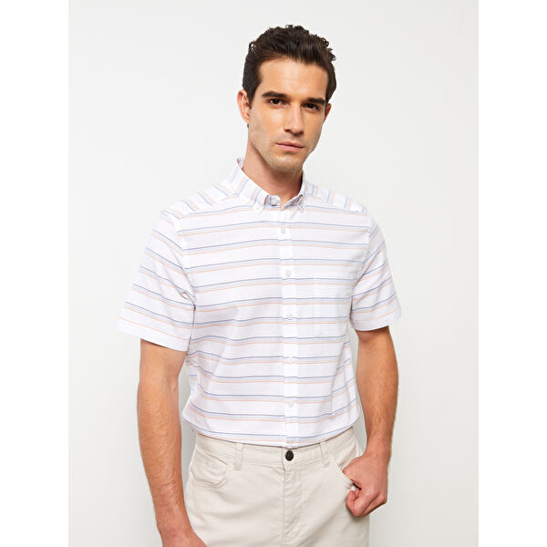Slim Fit Kısa Kollu Çizgili Oxford Erkek Gömlek