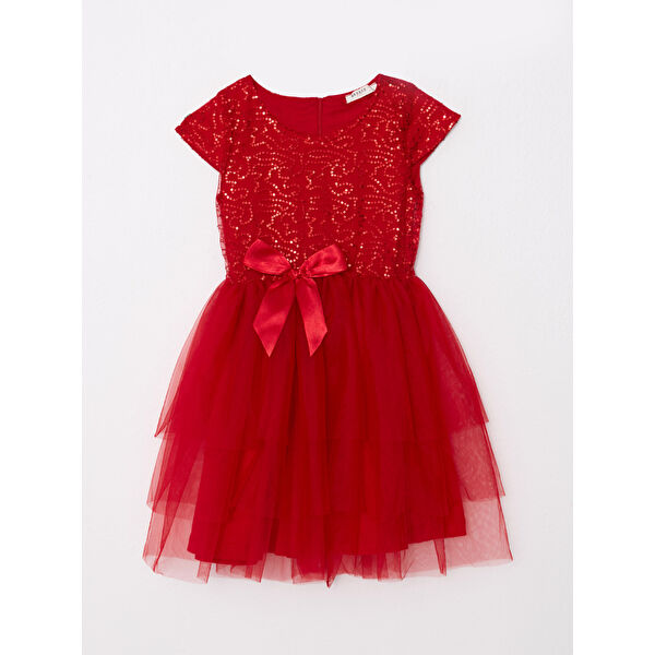 Breeze Bisiklet Yaka Pul İşlemeli Kısa Kollu Kız Çocuk Elbise