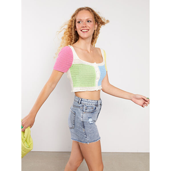 Kare Yaka Renk Bloklu Kısa Kollu Kadın Triko Hırka