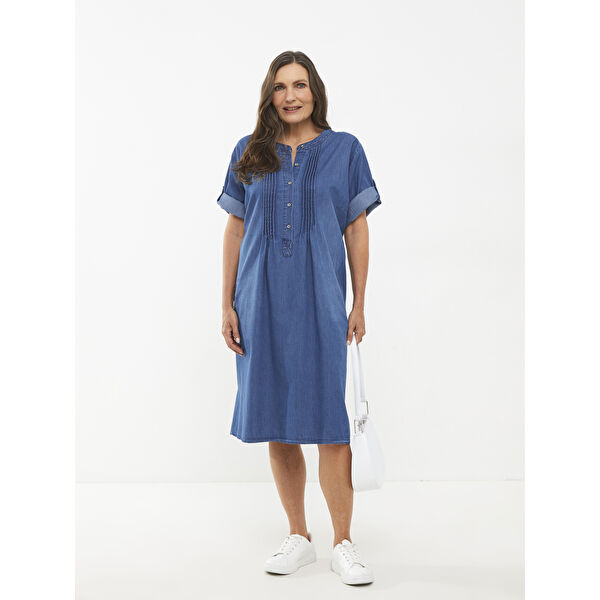 LCW GRACE Bisiklet Yaka Düz Kısa Kollu Kadın Jean Elbise