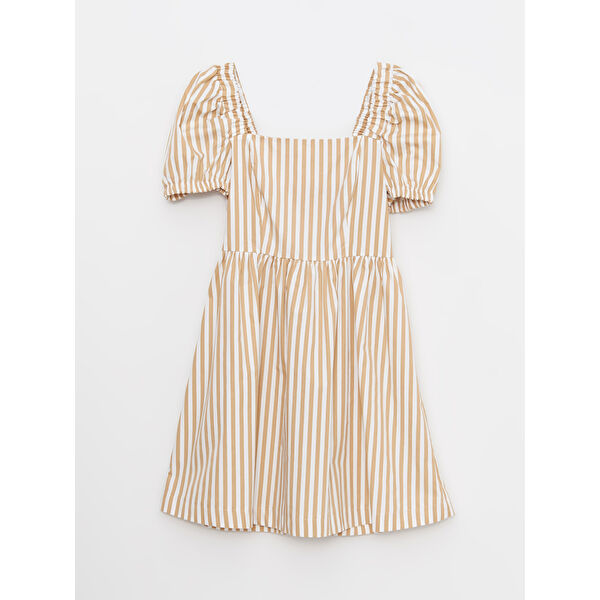 LCW CASUAL Kare Yaka Çizgili Kısa Kollu Pamuklu Kadın Elbise