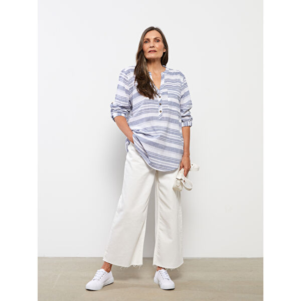 LCW GRACE Kaçık Yaka Çizgili Uzun Kollu Pamuklu Gömlek