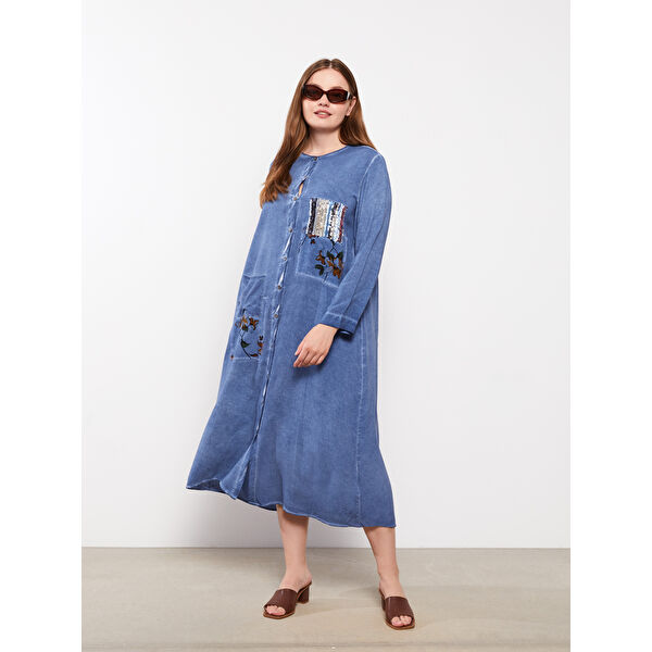 LCW GRACE Bisiklet Yaka Pul Payet İşlemeli Uzun Kollu Viskon Kadın Elbise