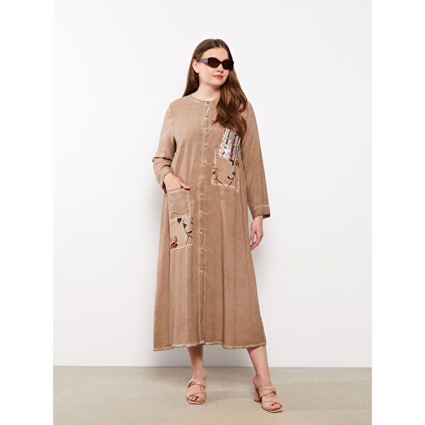 Bisiklet Yaka Pul Payet İşlemeli Uzun Kollu Viskon Kadın Elbise