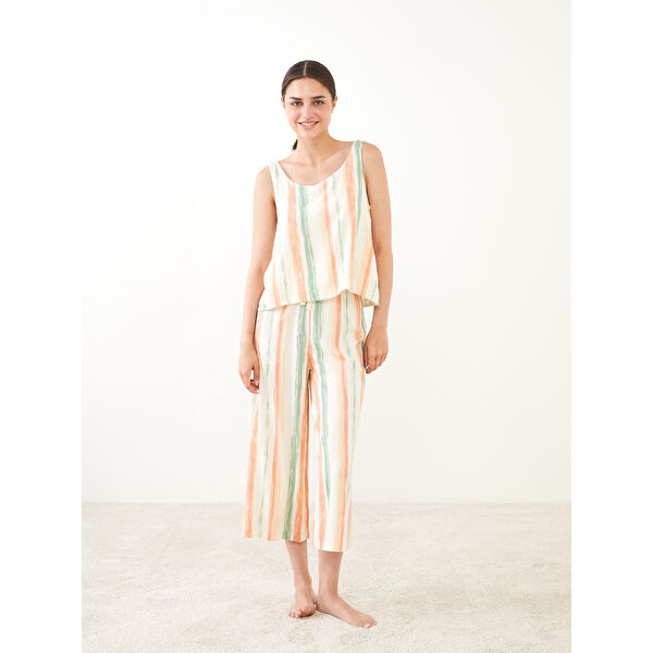 U Yaka Çizgili Kolsuz Viskon Kadın Pijama Takım
