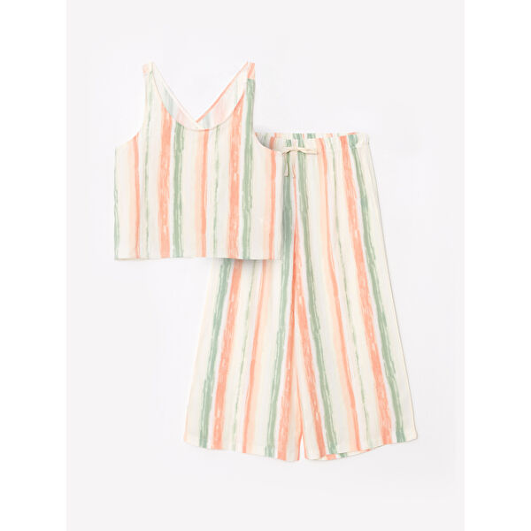 U Yaka Çizgili Kolsuz Viskon Kadın Pijama Takım