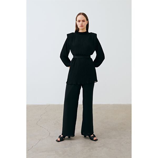 Dik Yaka Düz Uzun Kollu Kadın Bluz Ve Pantolon Takımı