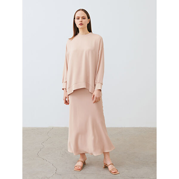 Terzi Dükkanı Dik Yaka Düz Uzun Kollu Saten Kadın Tunik Ve Etek Takım