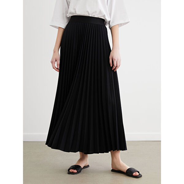 Terzi Dükkanı Beli Lastikli Standart Fit Krep Kadın Pileli Etek