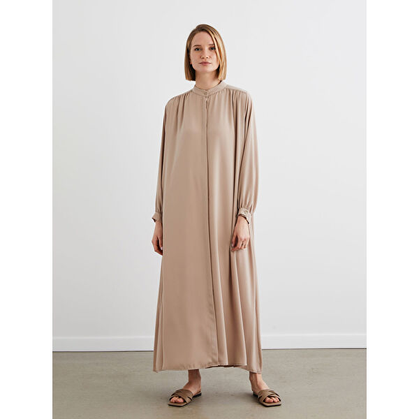 Terzi Dükkanı Dik Yaka Düz Uzun Kollu Krep Kumaştan Kadın Elbise