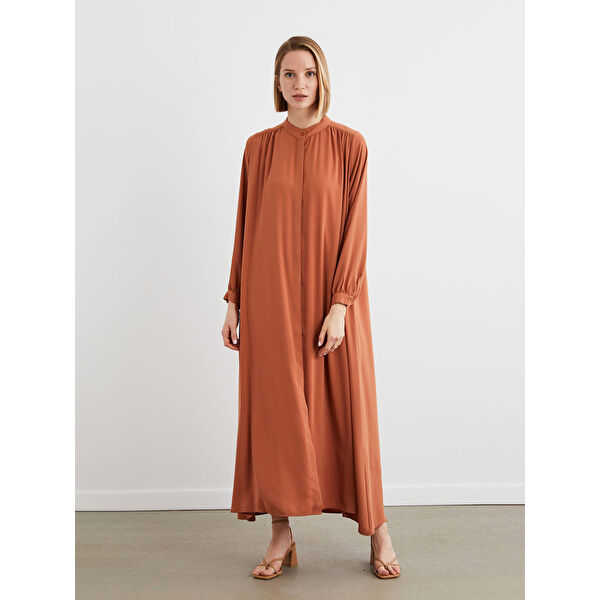 Terzi Dükkanı Dik Yaka Düz Uzun Kollu Krep Kumaştan Kadın Elbise