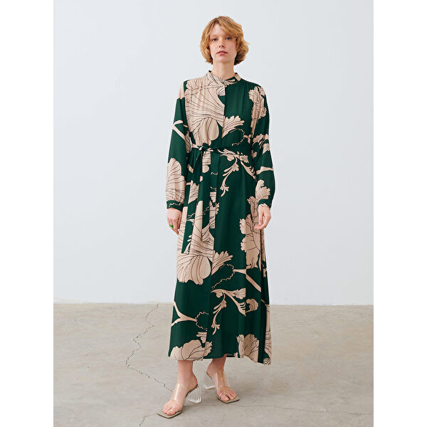 Terzi Dükkanı Dik Yaka Desenli Uzun Kollu Krep Kumaş Kadın Elbise