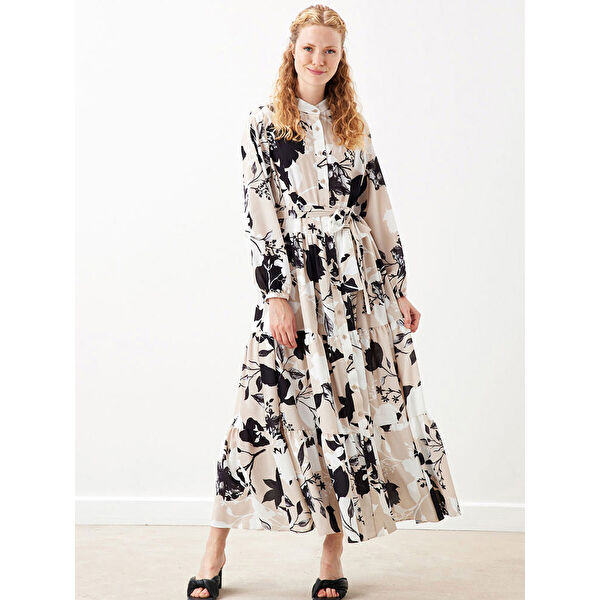 Terzi Dükkanı Dik Yaka Desenli Uzun Kollu Krep Kumaş Kadın Elbise