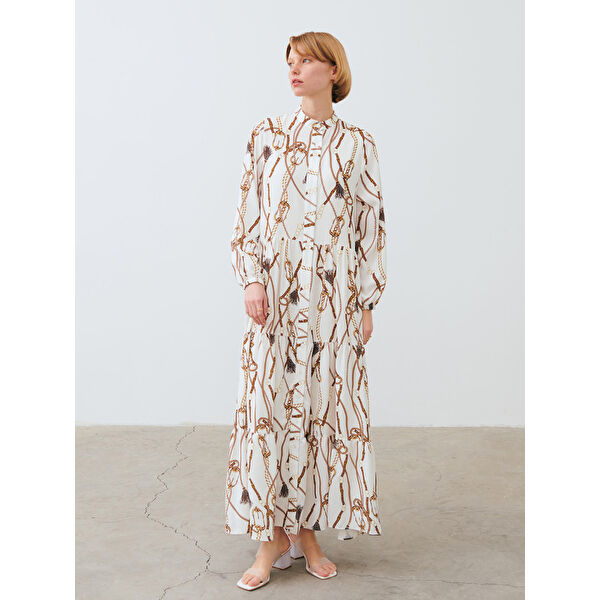 Terzi Dükkanı Dik Yaka Desenli Uzun Kollu Krep Kumaş Kadın Elbise