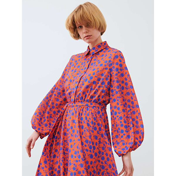 Terzi Dükkanı Gömlek Yaka Desenli Uzun Kollu Krep Kumaş Kadın Elbise