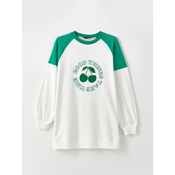 Bisiklet Yaka Baskılı Uzun Kollu Oversize Pamuklu Kadın Tunik