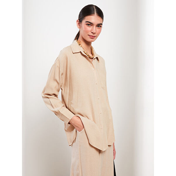 Önden Düğme Kapamalı Düz Uzun Kollu Oversize Kadın Gömlek