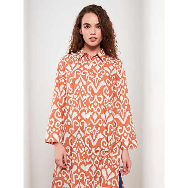 Gömlek Yaka Desenli Uzun Kollu Pamuklu Kadın Tunik