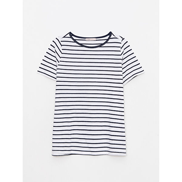 Bisiklet Yaka Çizgili Kısa Kollu Kadın Tişört