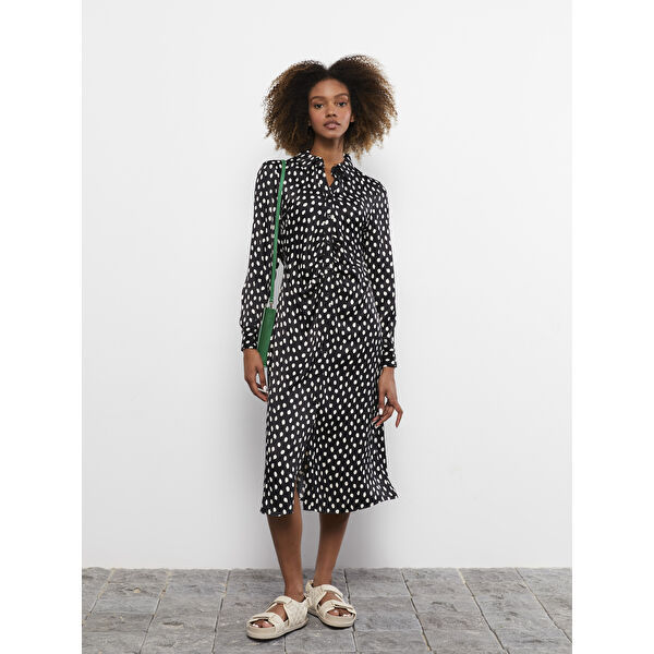 Gömlek Yaka Desenli Uzun Kollu Viskon Kadın Elbise Gömlek Yaka Desenli Uzun Kollu Viskon Kadın Elbise