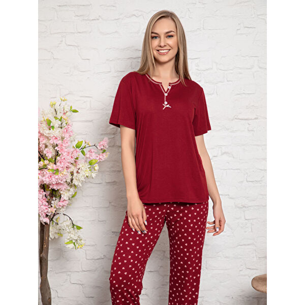 SUDE Kaçık Yaka Desenli Kısa Kollu Viskon Kadın Pijama Takımı SUDE Kaçık Yaka Desenli Kısa Kollu Viskon Kadın Pijama Takımı