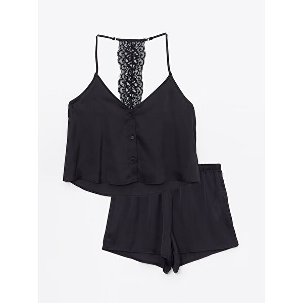 V Yaka Düz Askılı Saten Kadın Pijama Takımı