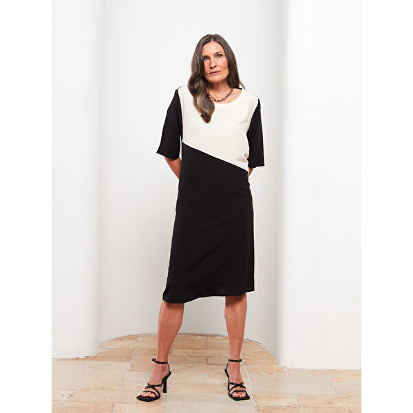 Bisiklet Yaka Renk Bloklu Kısa Kollu Kadın Elbise