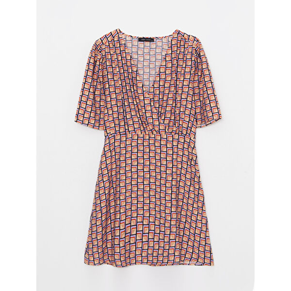 Kruvaze Yaka Desenli Kısa Kollu Kadın Elbise