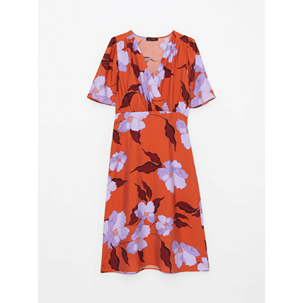 Kruvaze Yaka Desenli Kısa Kollu Kadın Elbise