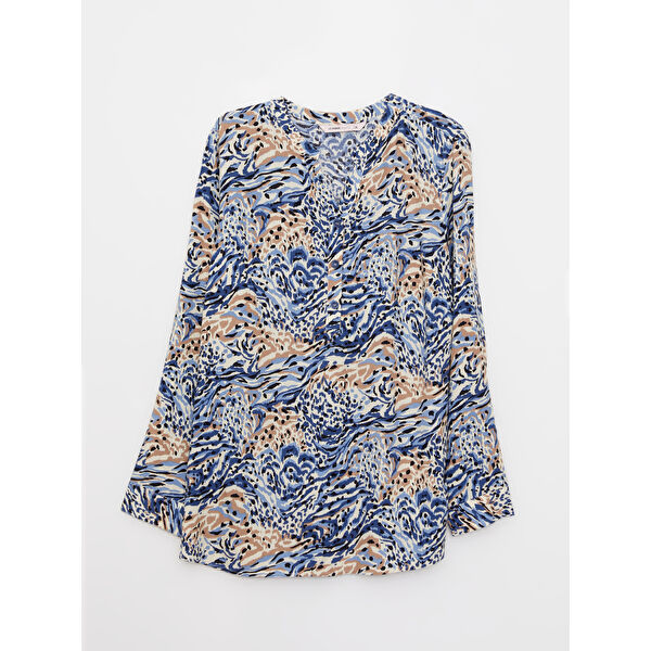 Kaçık Yaka Desenli Uzun Kollu Viskon Kadın Bluz