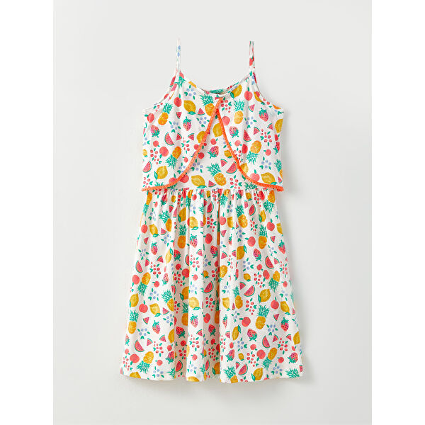 Bisiklet Yaka Desenli Askılı Pamuklu Kız Çocuk Elbise