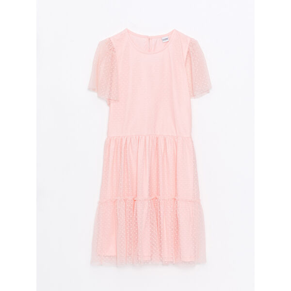 Bisiklet Yaka Kendinden Desenli Kısa Kollu Kız Çocuk Elbise