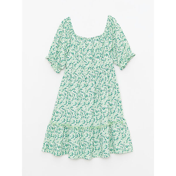 Kare Yaka Desenli Kısa Kollu Kız Çocuk Elbise