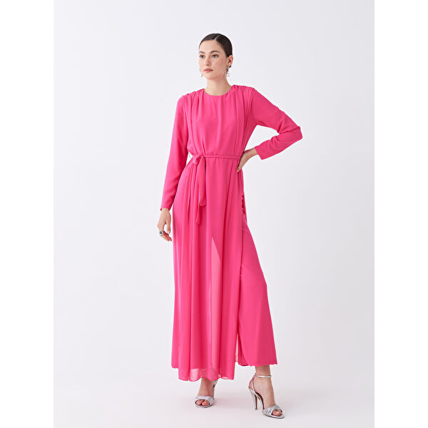 Bisiklet Yaka Düz Uzun Kollu Şifon Kadın Tulum