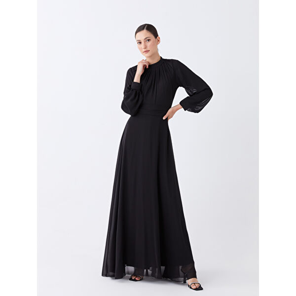 Dik Yaka Düz Uzun Kollu Şifon Kadın Elbise