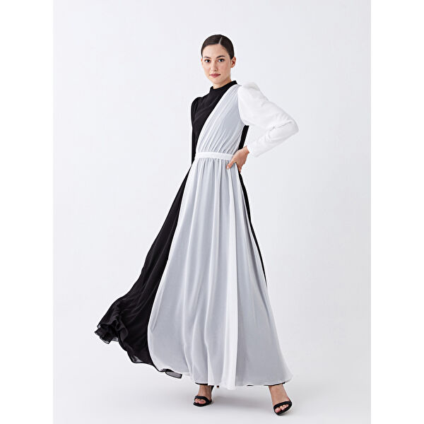 Dik Yaka Renk Bloklu Uzun Kollu Kadın Elbise