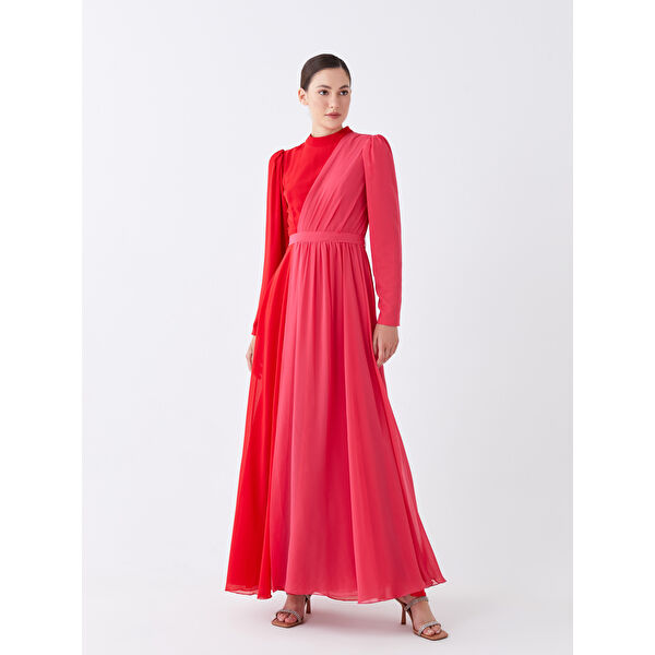 Dik Yaka Renk Bloklu Uzun Kollu Kadın Elbise