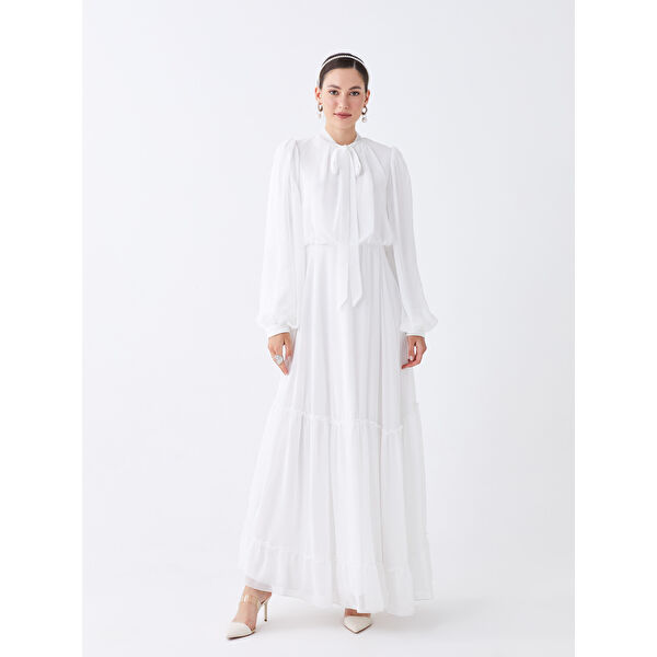 Bağlamalı Yaka Düz Uzun Kollu Şifon Kadın Elbise