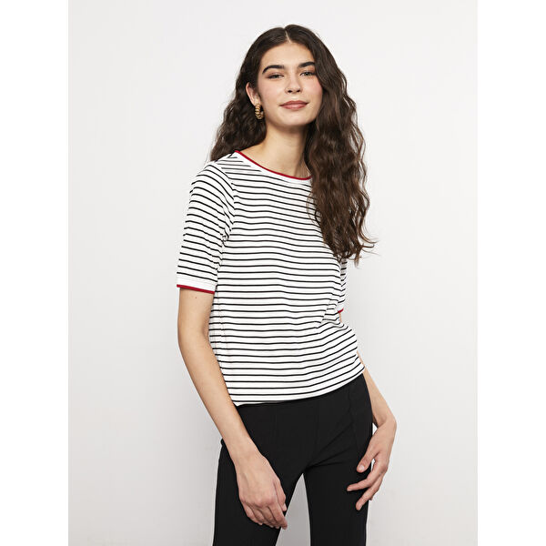 Bisiklet Yaka Çizgili Kısa Kollu Kadın Tişört