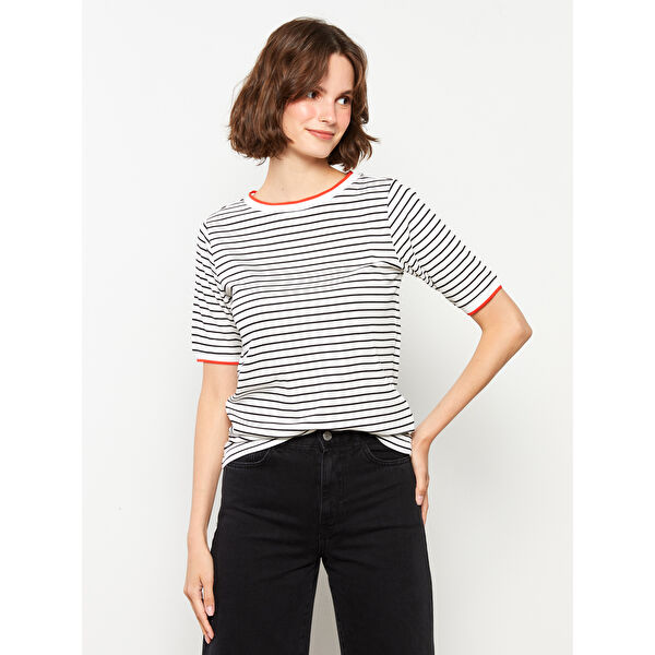 Bisiklet Yaka Çizgili Kısa Kollu Kadın Tişört