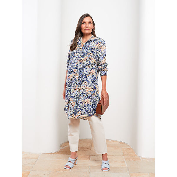 Gömlek Yaka Desenli Uzun Kollu Poplin Kadın Tunik Gömlek Yaka Desenli Uzun Kollu Poplin Kadın Tunik