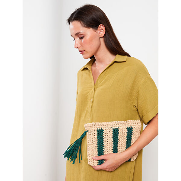 Hasır Püskül Detaylı Kadın El Çantası